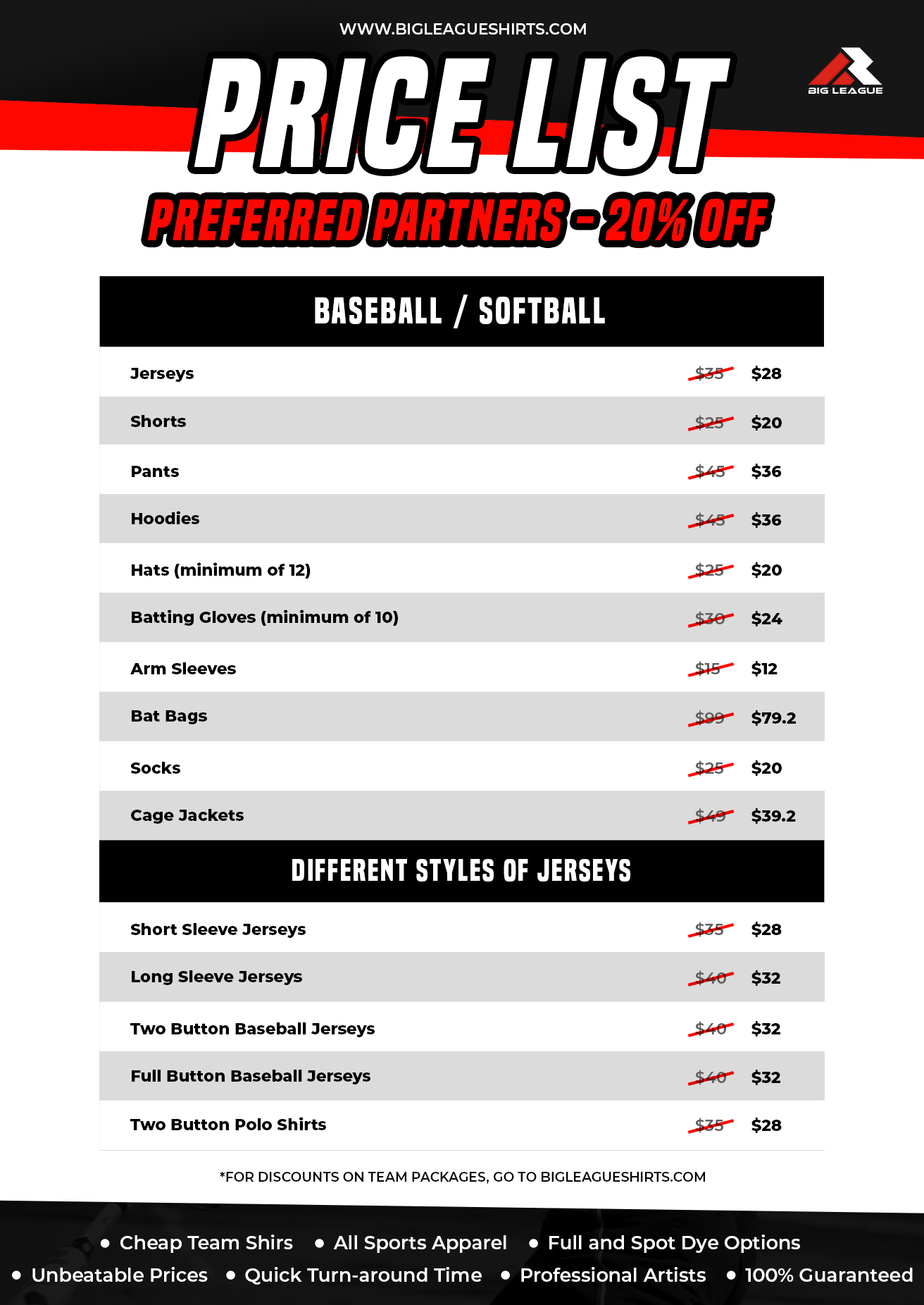 Price List – Big League Shirts