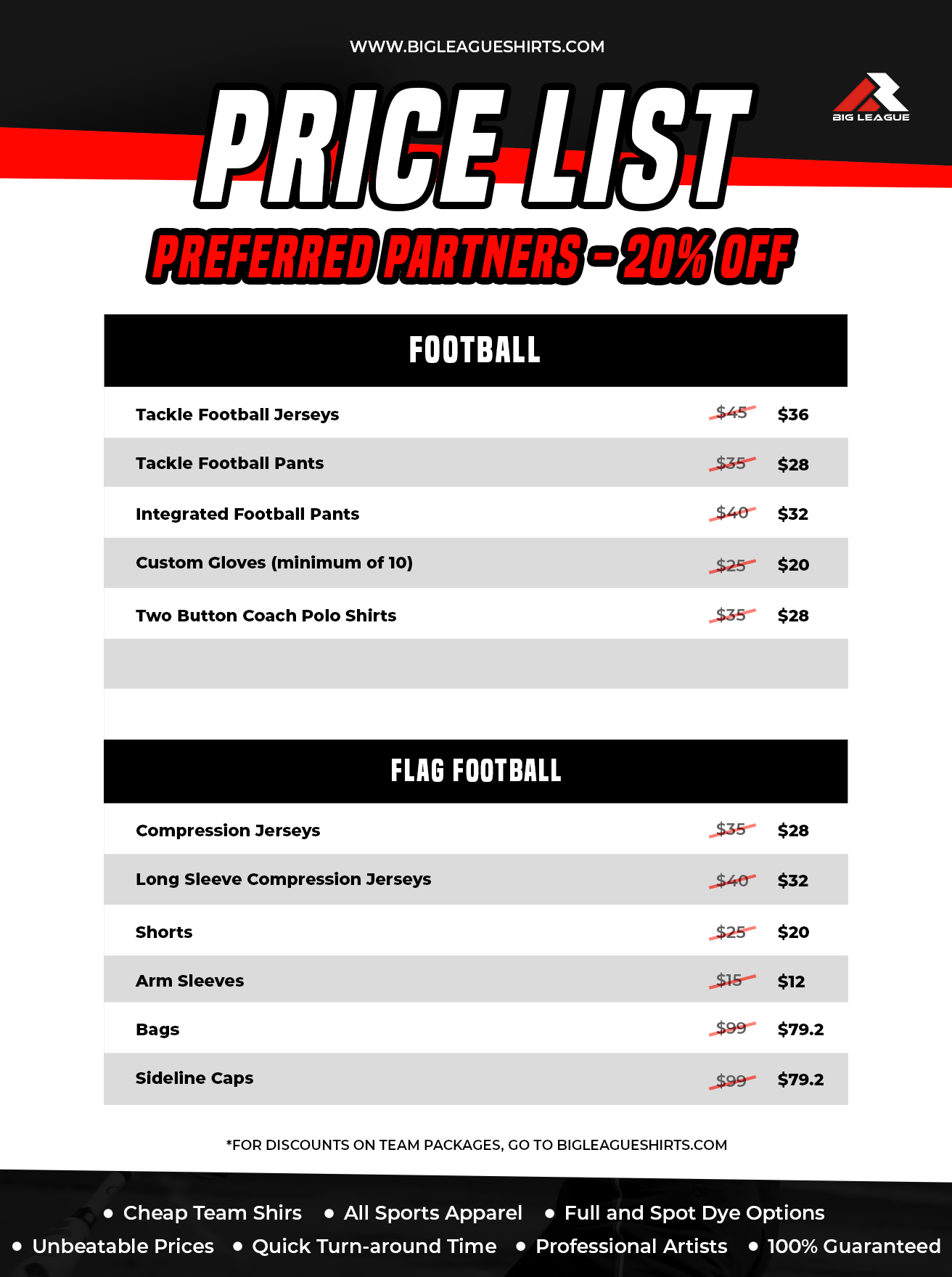 Price List – Big League Shirts